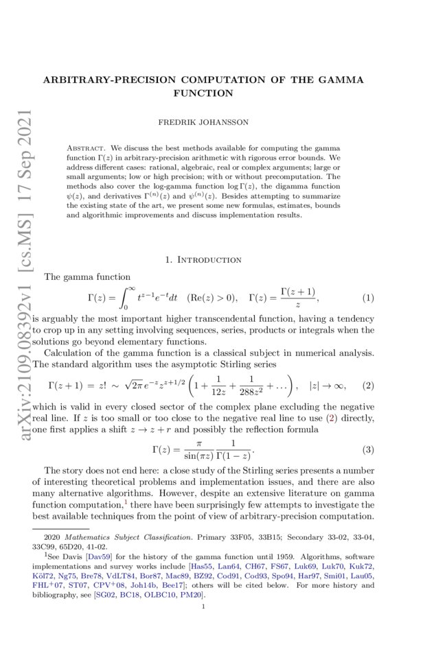 Arbitrary Precision Computation Of The Gamma Function Deepai