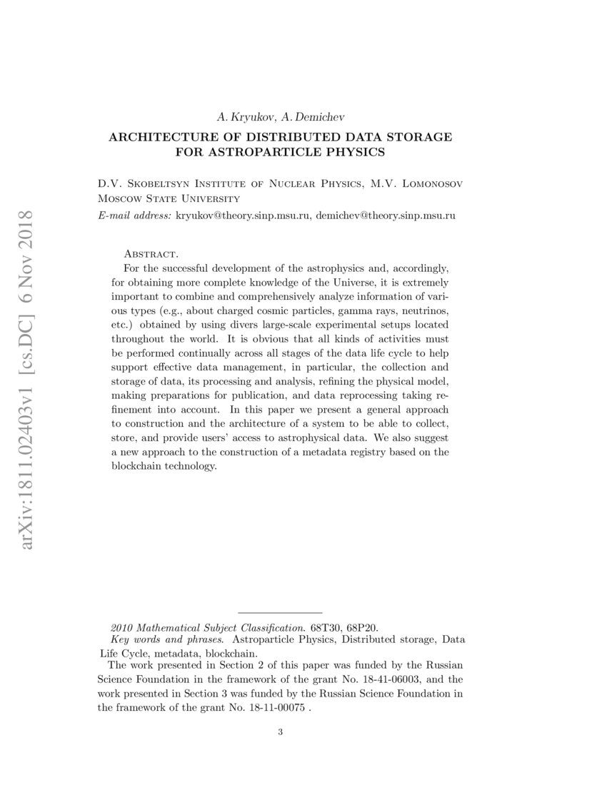 Architecture Of Distributed Data Storage For Astroparticle Physics Deepai
