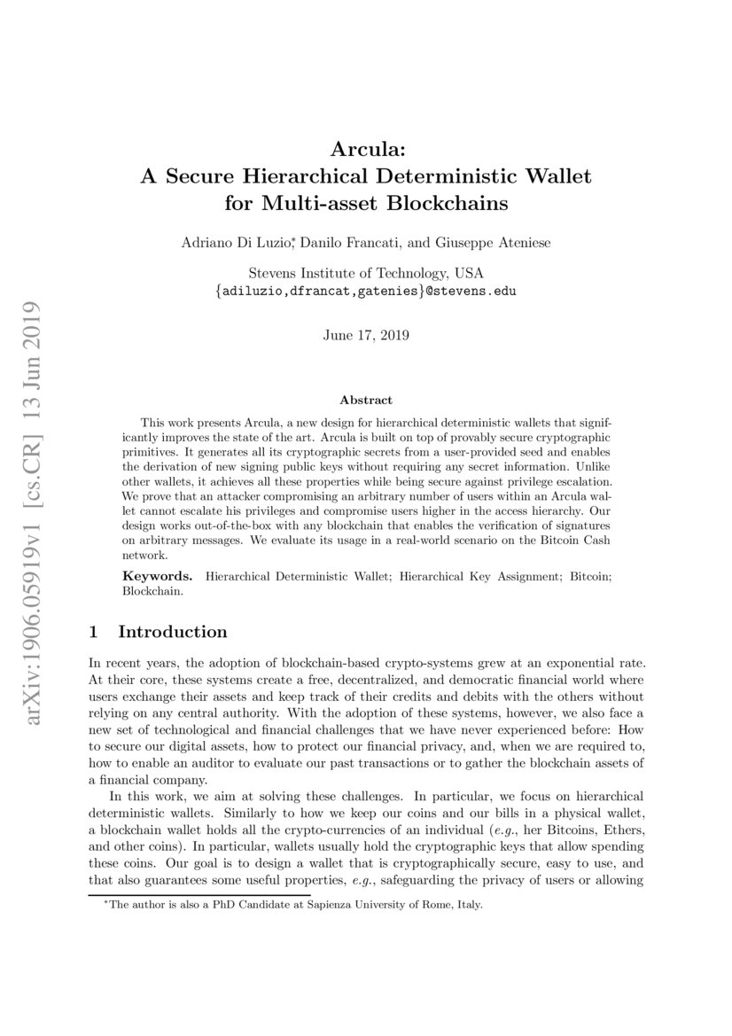 Arcula: A Secure Hierarchical Deterministic Wallet for Multi-asset ...