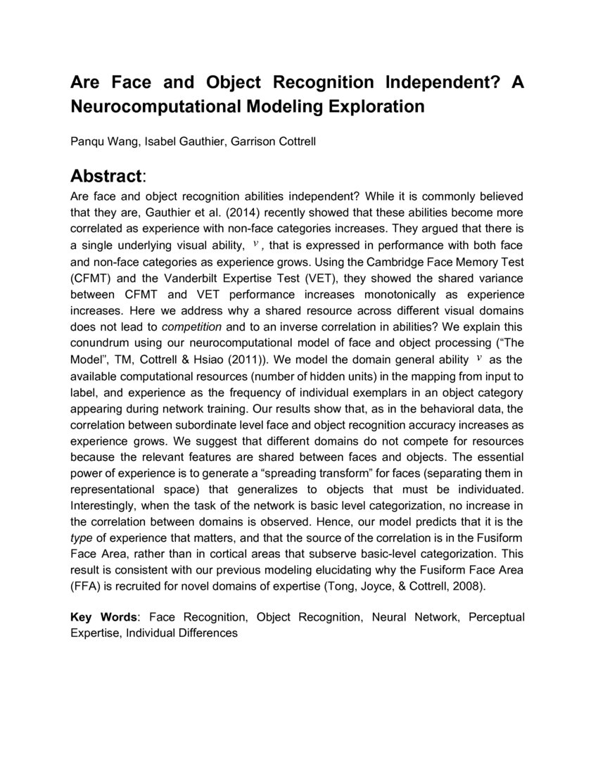 Are Face And Object Recognition Independent A Neurocomputational