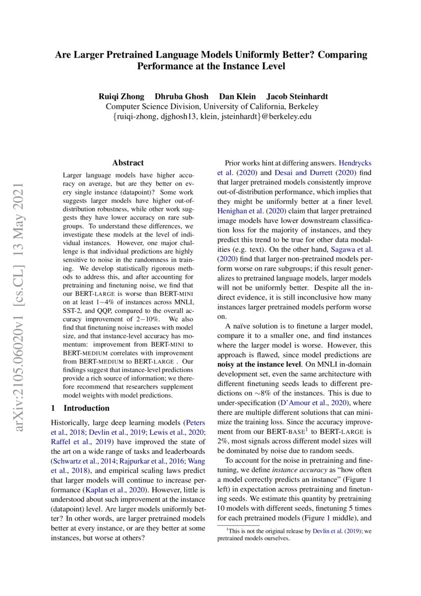 Are Larger Pretrained Language Models Uniformly Better Comparing Performance At The Instance