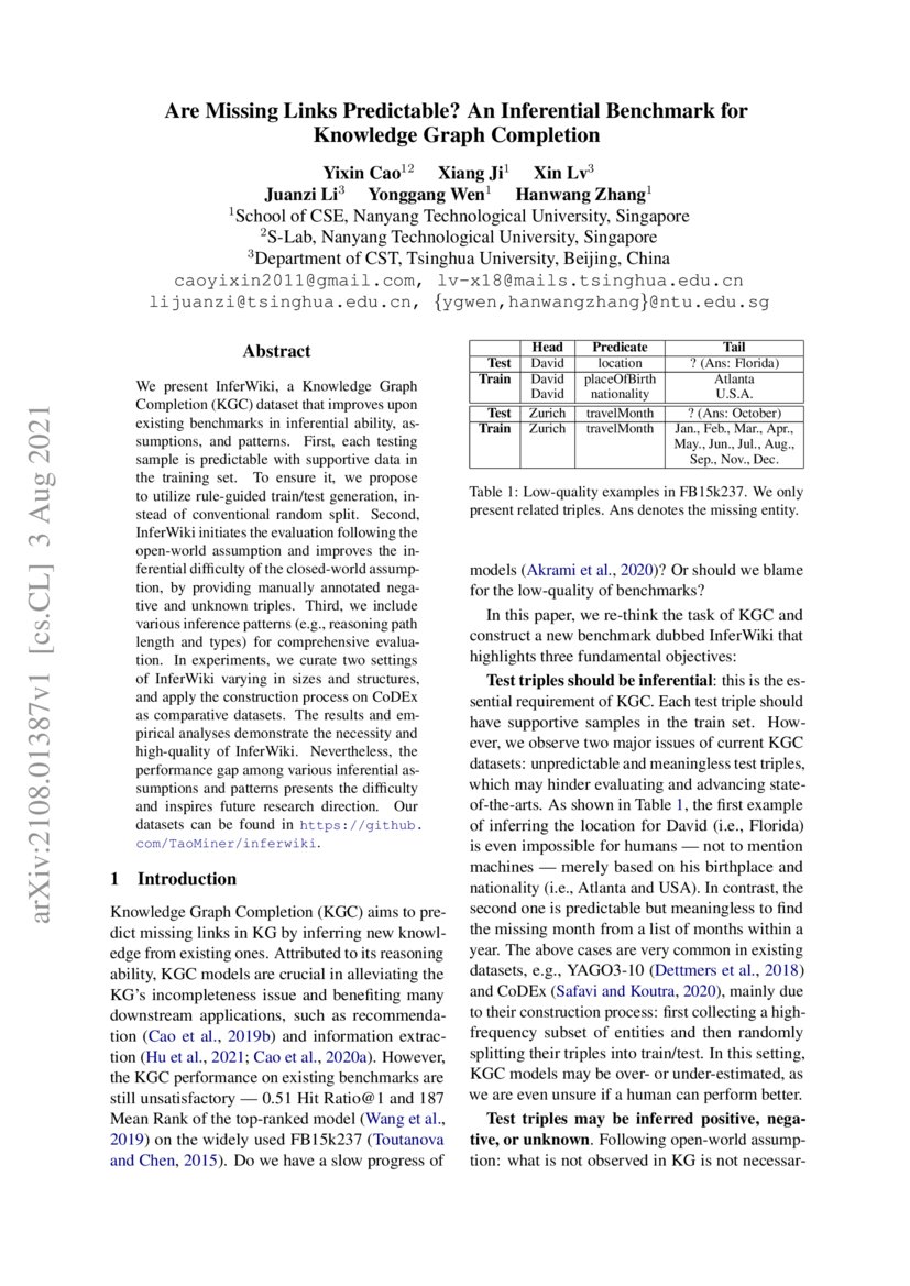 Are Missing Links Predictable An Inferential Benchmark For Knowledge Graph Completion Deepai
