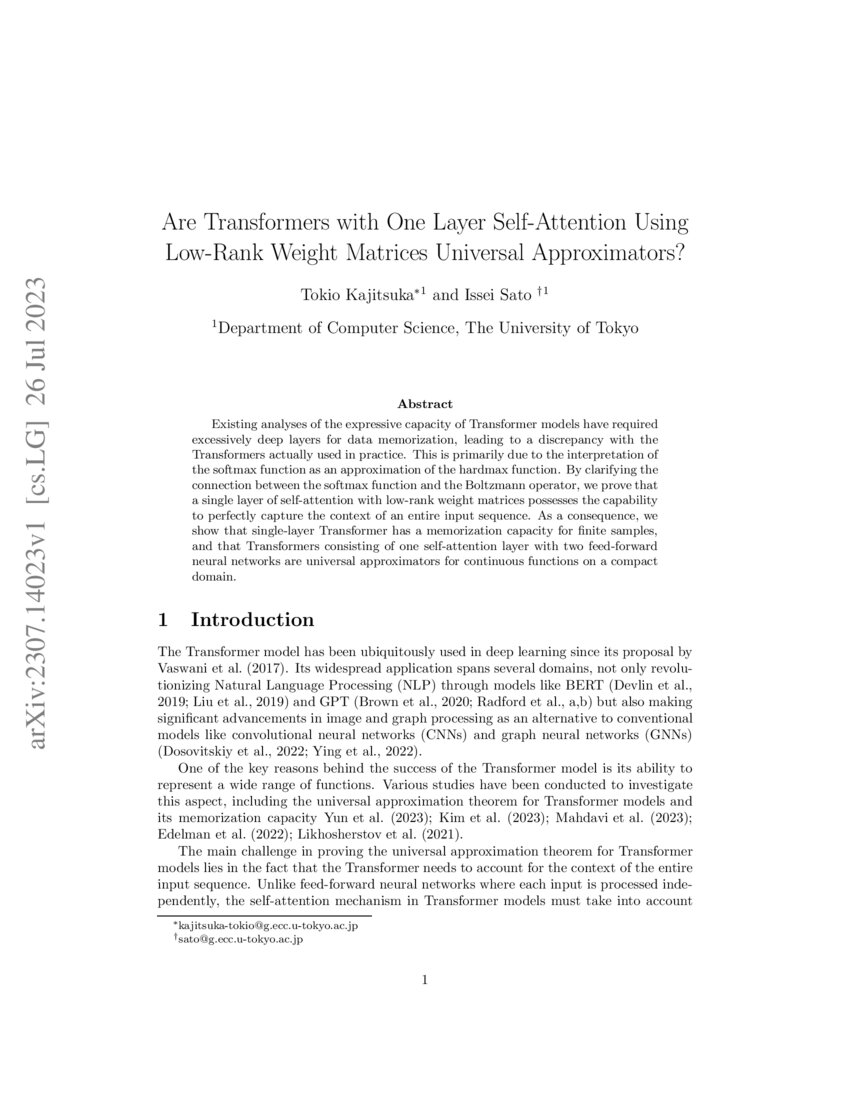 Are Transformers With One Layer Self Attention Using Low Rank Weight Matrices Universal