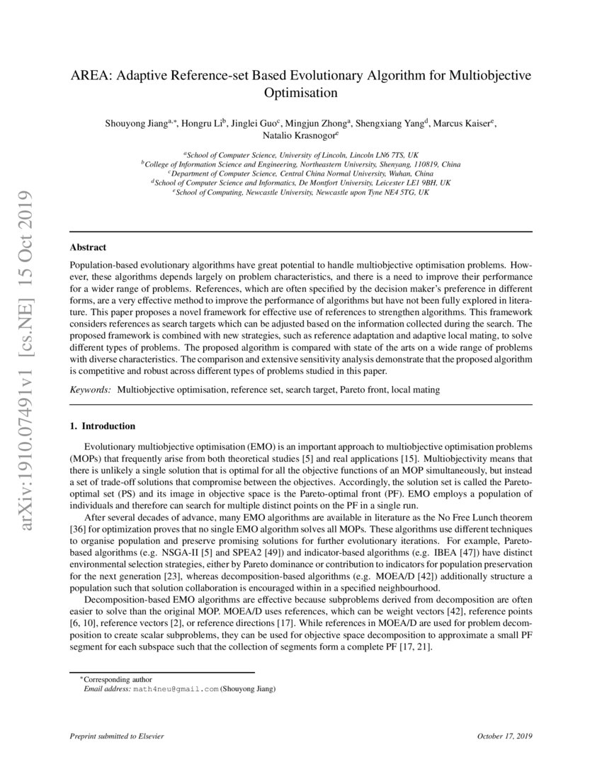Area Adaptive Reference Set Based Evolutionary Algorithm For Multiobjective Optimisation Deepai 