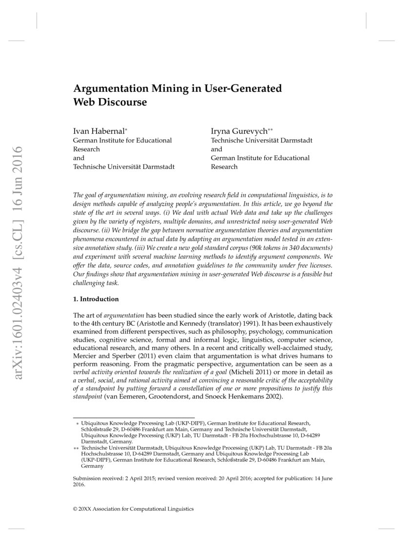 Argumentation Mining In User Generated Web Discourse Deepai