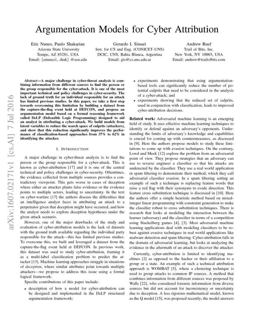 Argumentation Models For Cyber Attribution Deepai
