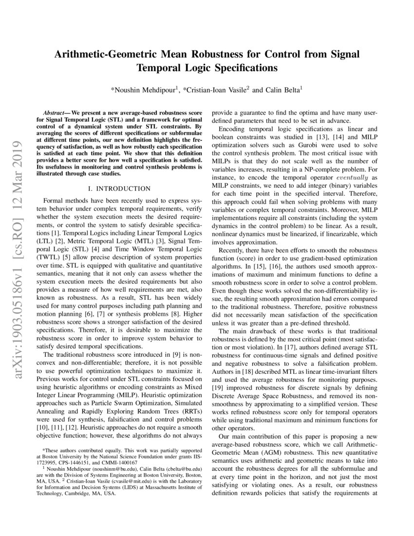 Arithmetic Geometric Mean Robustness For Control From Signal Temporal Logic Specifications Deepai