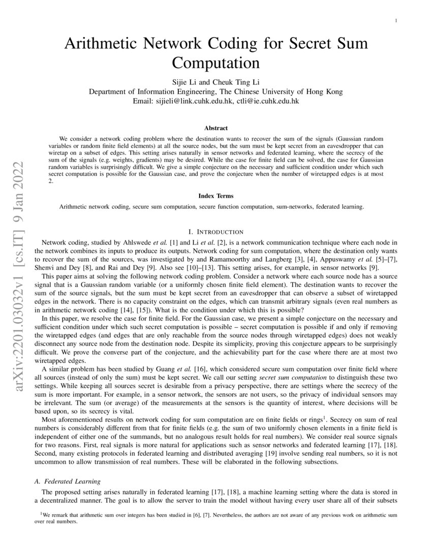 Arithmetic Network Coding For Secret Sum Computation Deepai 
