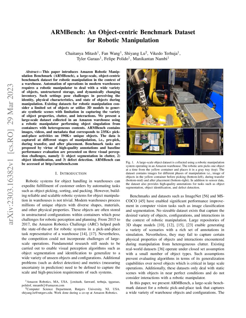 Armbench An Object Centric Benchmark Dataset For Robotic Manipulation Deepai