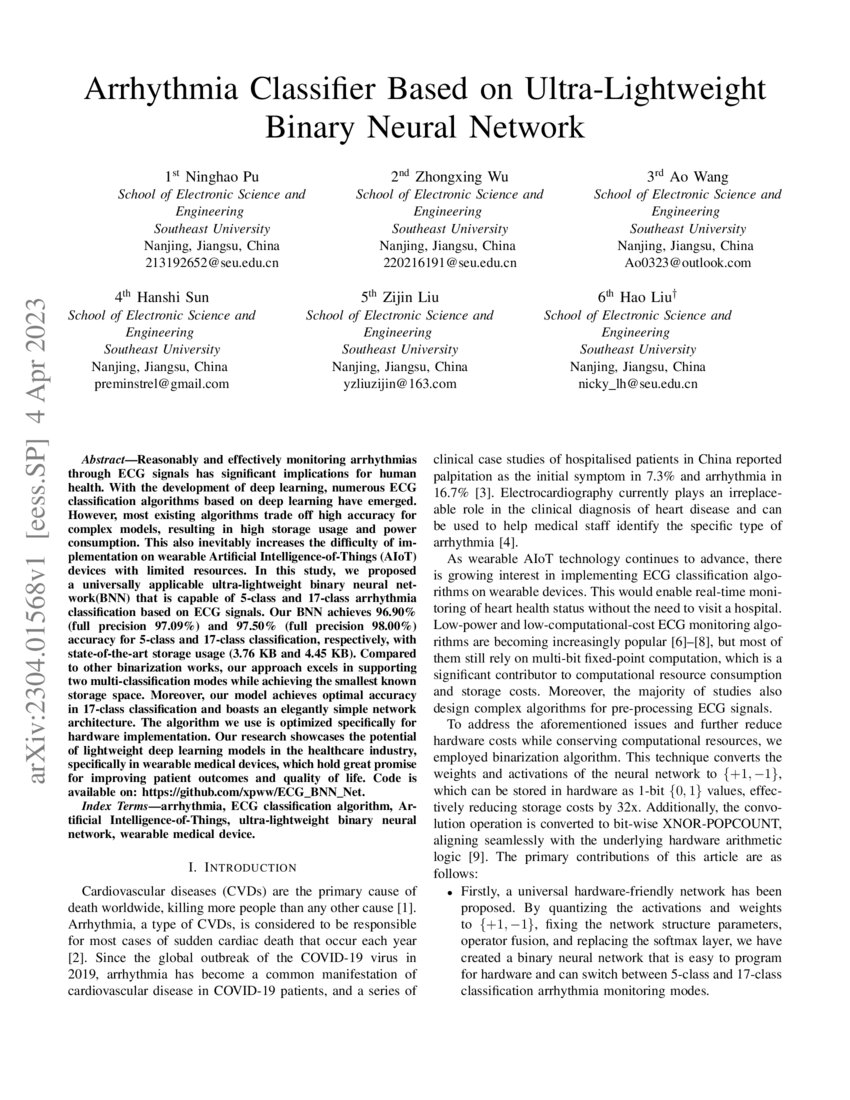 Arrhythmia Classifier Based On Ultra Lightweight Binary Neural Network Deepai 