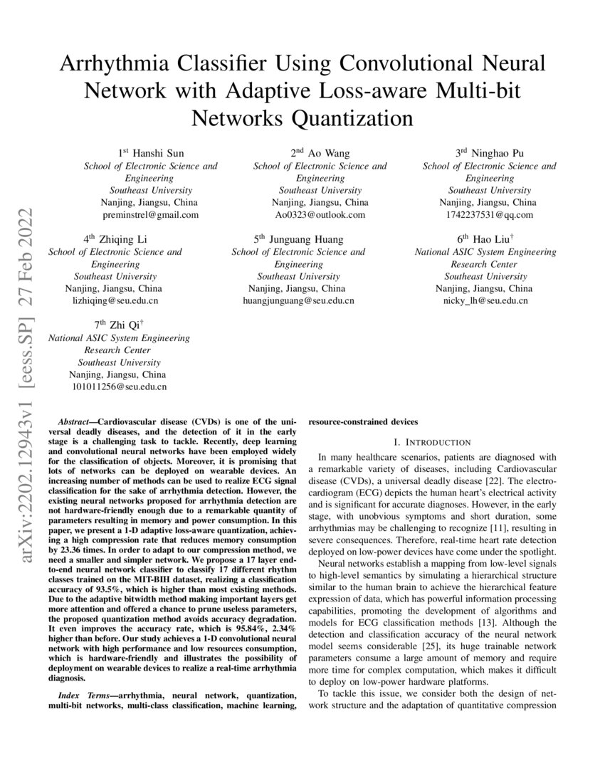 Arrhythmia Classifier Using Convolutional Neural Network With Adaptive Loss Aware Multi Bit 8900