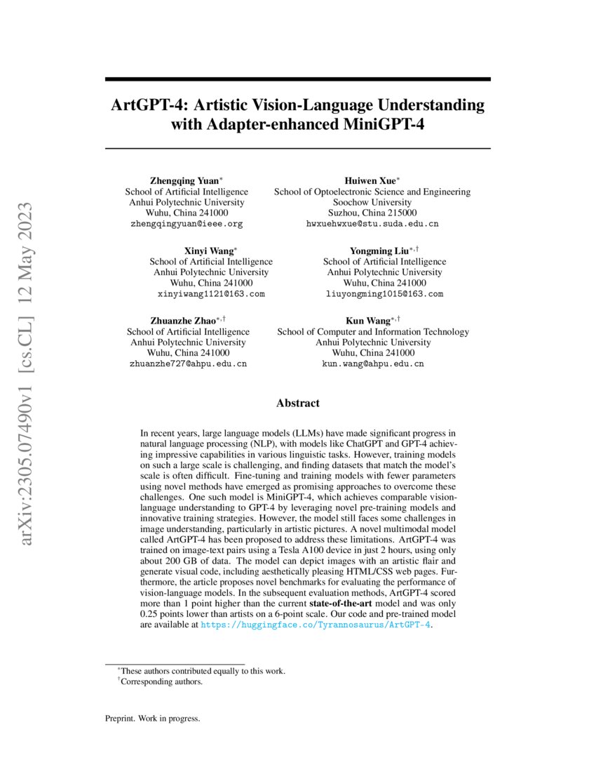 ArtGPT-4: Artistic Vision-Language Understanding with Adapter-enhanced MiniGPT-4 | DeepAI