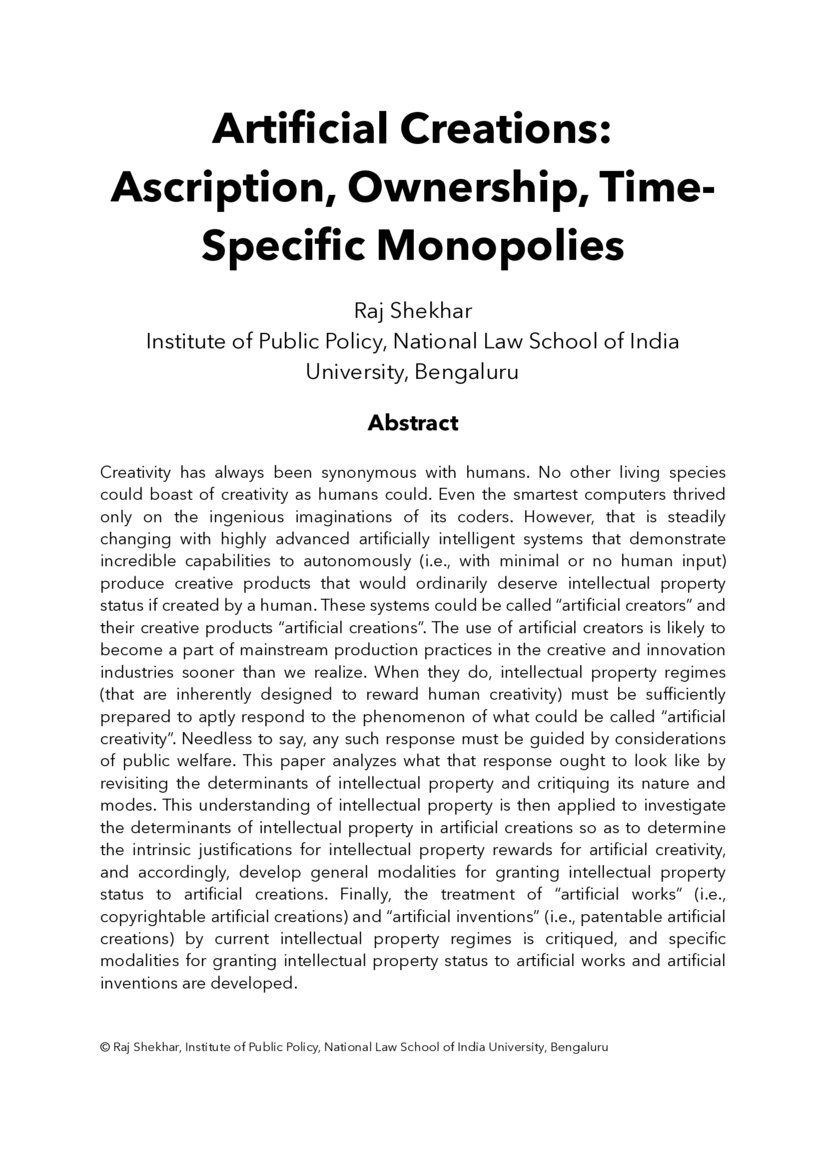 Artificial Creations: Ascription, Ownership, Time-Specific Monopolies ...