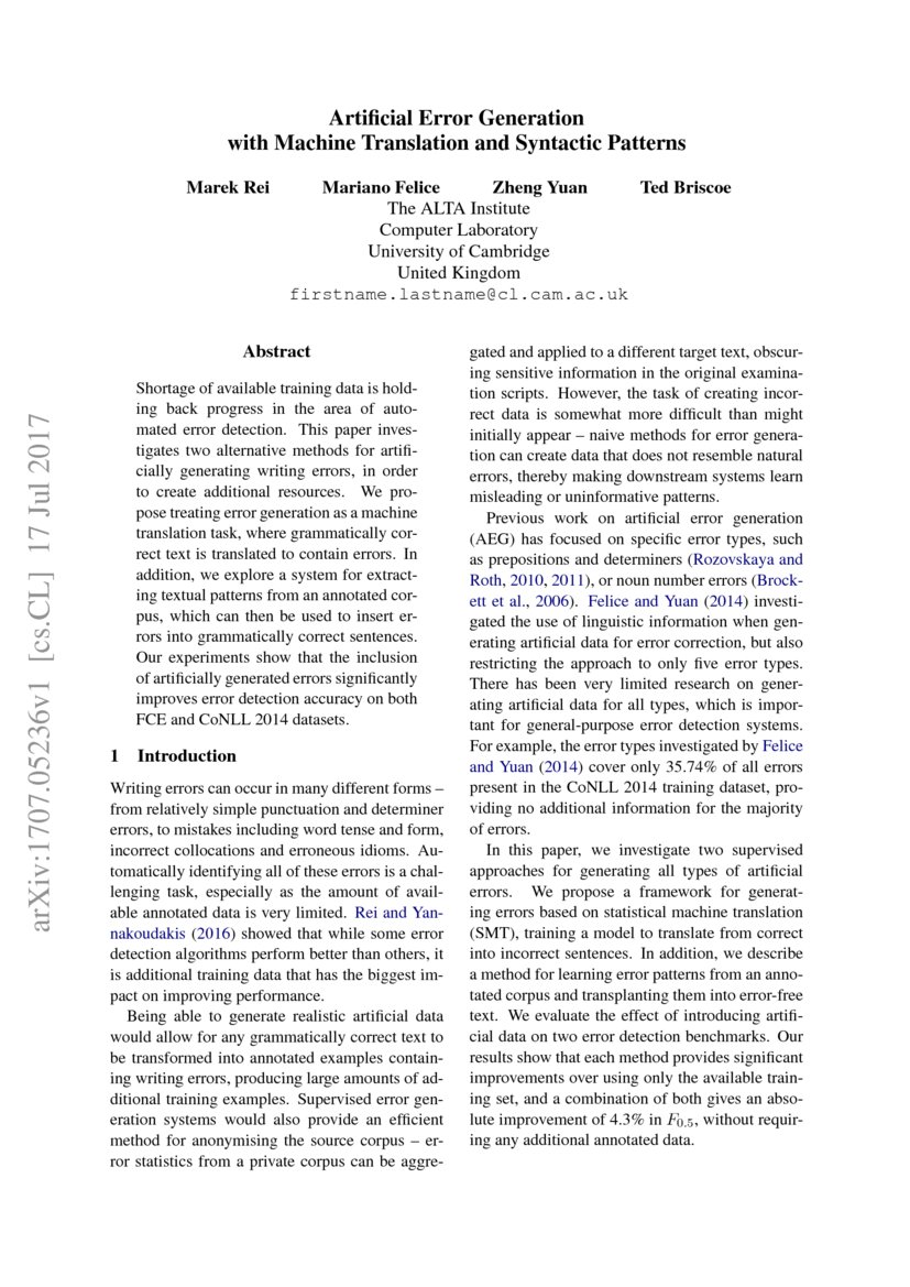 Artificial Error Generation With Machine Translation And Syntactic Patterns Deepai