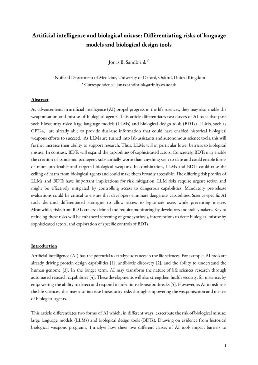 Artificial intelligence and biological misuse: Differentiating risks of language models and ...