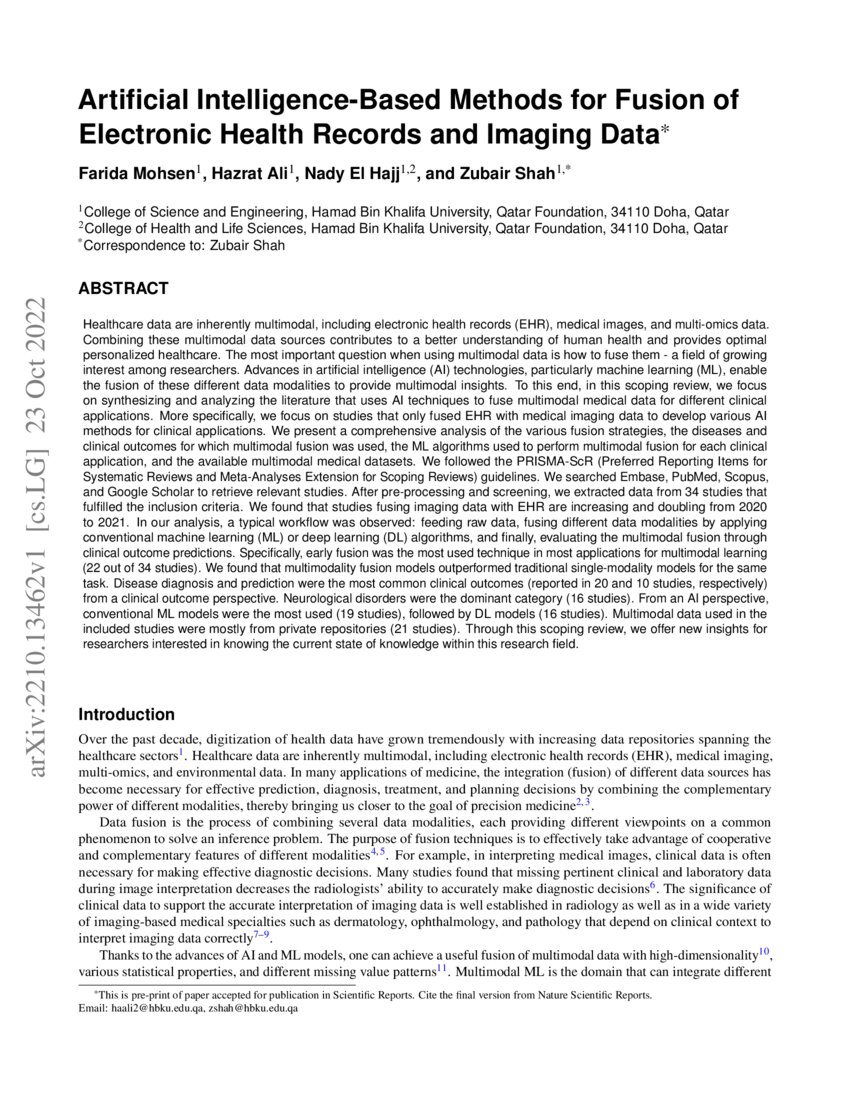 Artificial Intelligence-Based Methods for Fusion of Electronic Health Records and Imaging Data ...