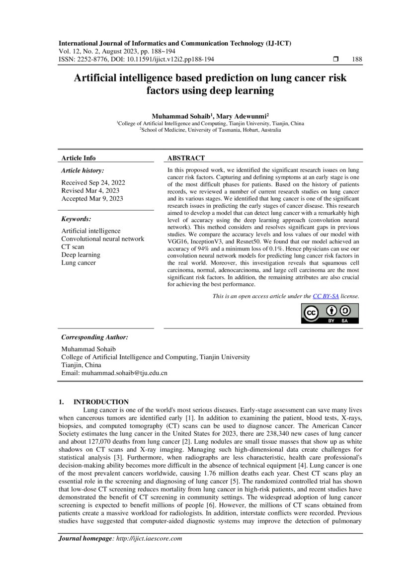 Artificial Intelligence Based Prediction On Lung Cancer Risk Factors Using Deep Learning Deepai 0706