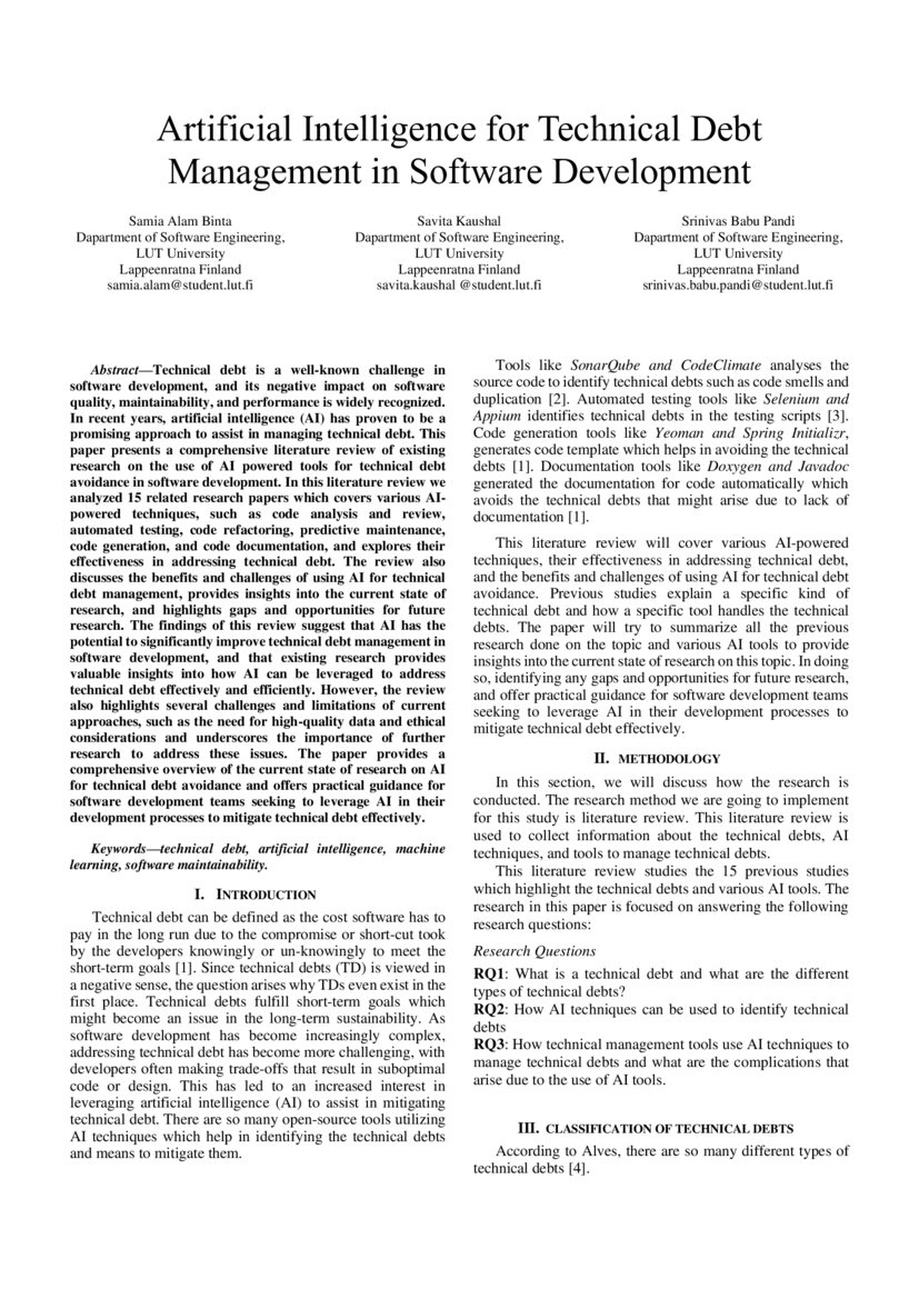 Artificial Intelligence for Technical Debt Management in Software ...