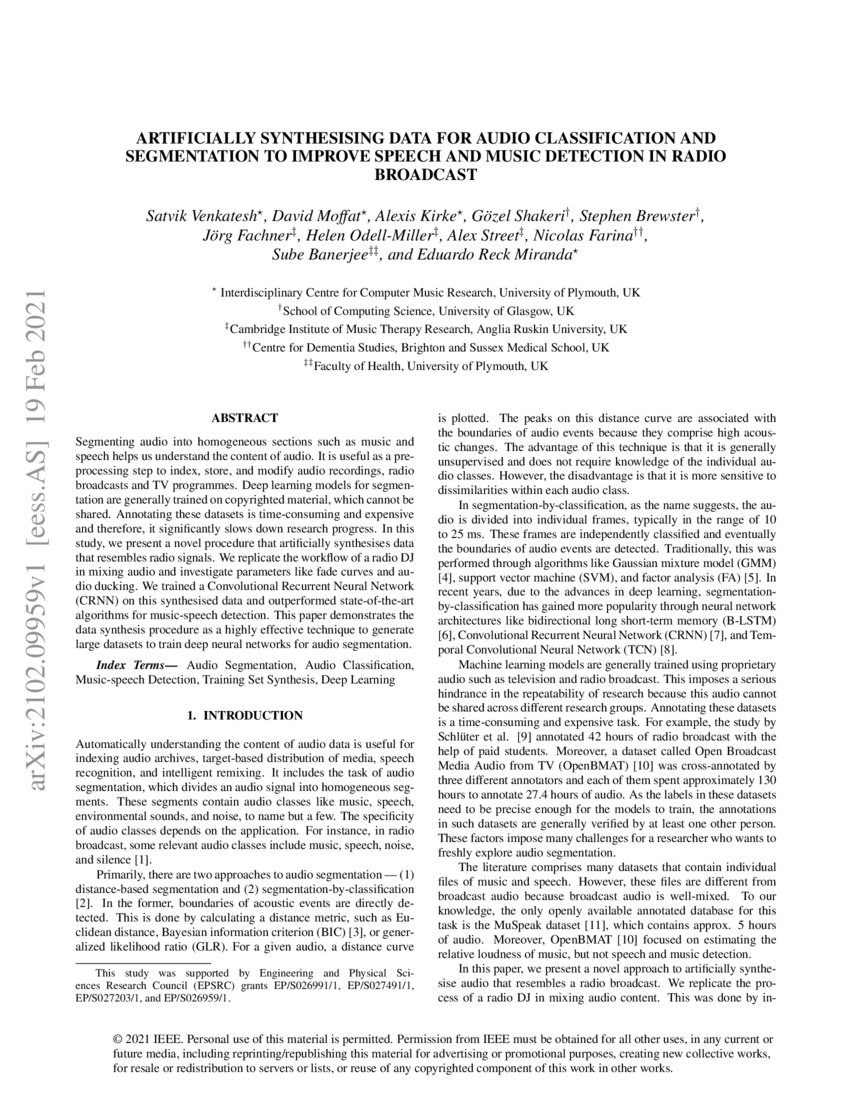 Artificially Synthesising Data For Audio Classification And Segmentation To Improve Speech And