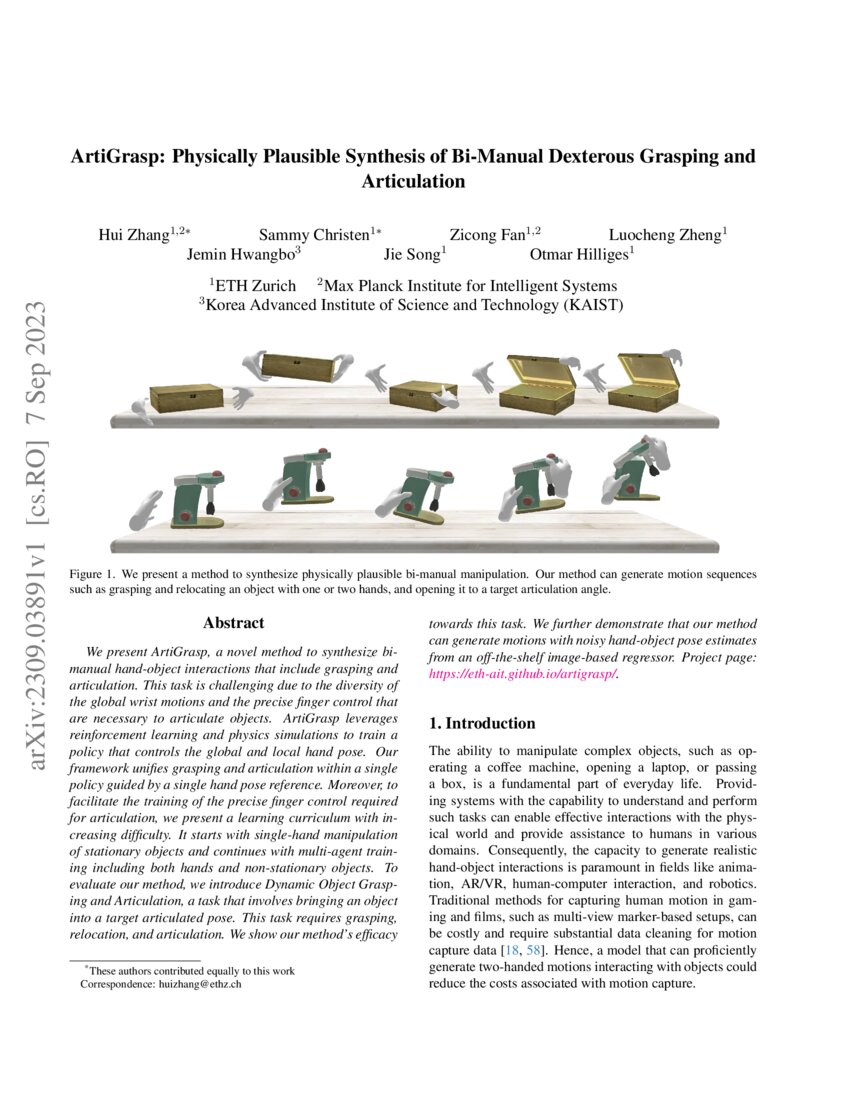 ArtiGrasp: Physically Plausible Synthesis of Bi-Manual Dexterous Grasping and Articulation | DeepAI