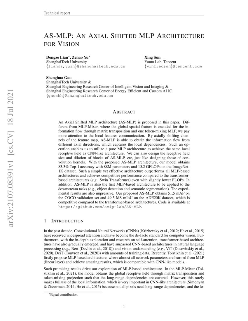 AS-MLP: An Axial Shifted MLP Architecture for Vision | DeepAI