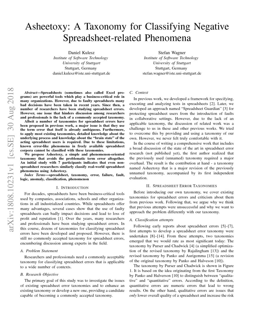 Asheetoxy: A Taxonomy for Classifying Negative Spreadsheet-related Phenomena | DeepAI