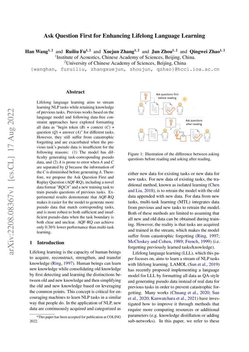 Ask Question First for Enhancing Lifelong Language Learning | DeepAI