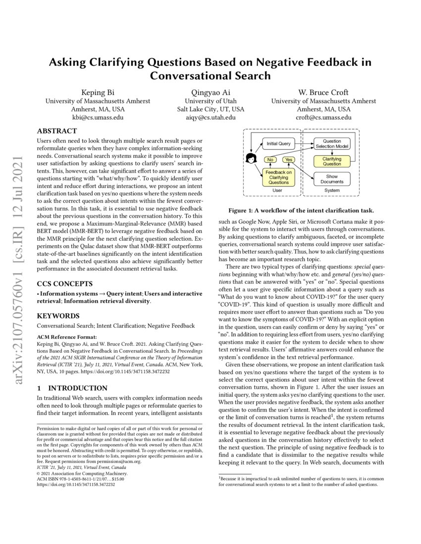 Asking Clarifying Questions Based on Negative Feedback in Conversational Search | DeepAI