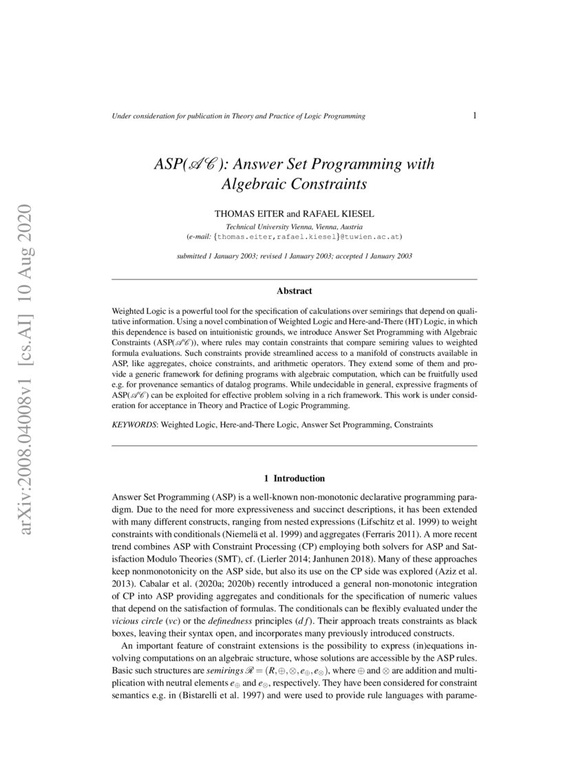 ASP(AC): Answer Set Programming with Algebraic Constraints | DeepAI