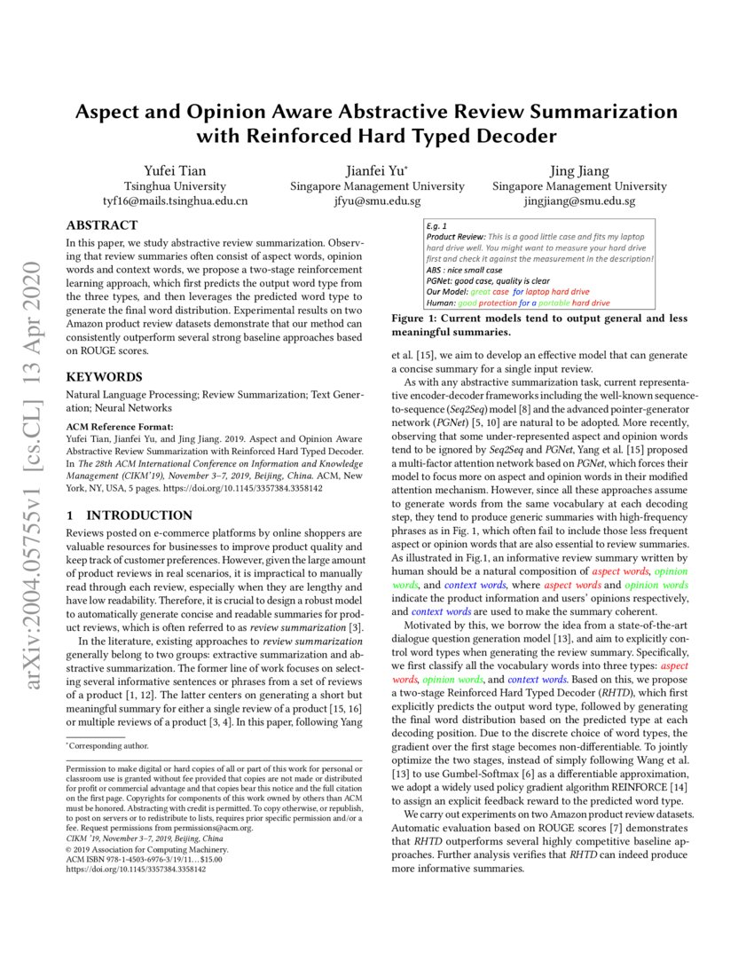 Aspect And Opinion Aware Abstractive Review Summarization With Reinforced Hard Typed Decoder