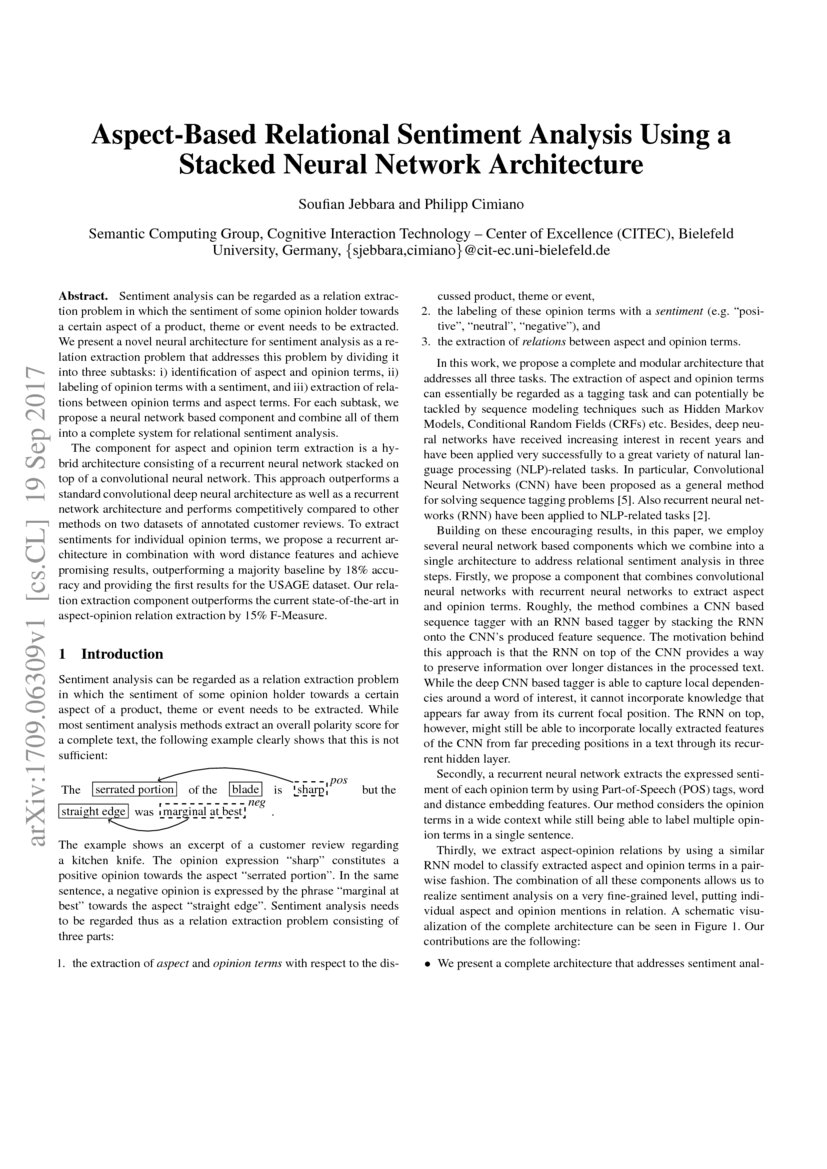 Aspect Based Relational Sentiment Analysis Using A Stacked Neural