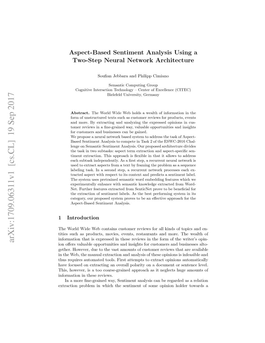 Aspect Based Sentiment Analysis Using A Two Step Neural Network Architecture Deepai