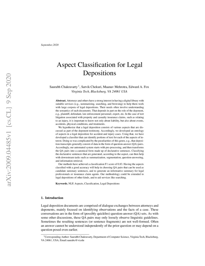 Aspect Classification for Legal Depositions | DeepAI