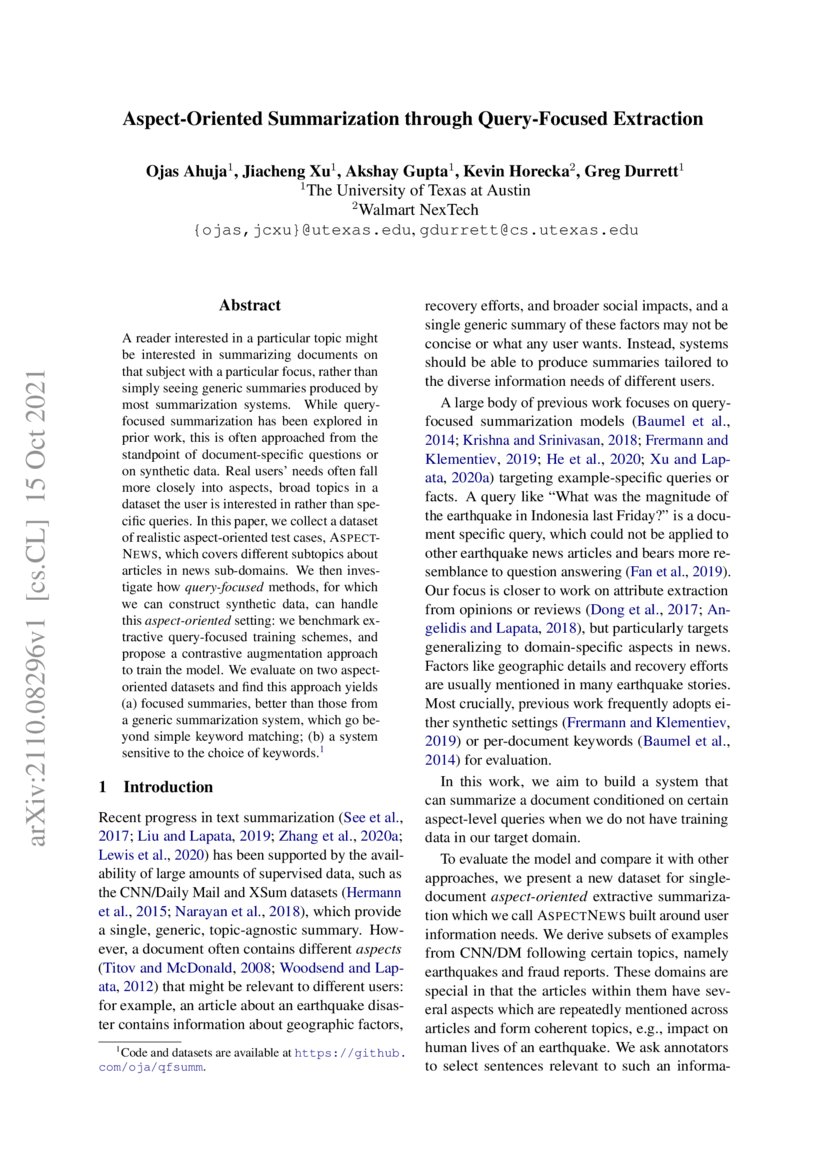 Aspect-Oriented Summarization through Query-Focused Extraction | DeepAI