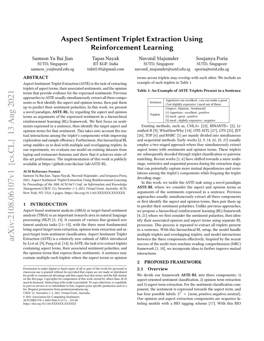 Aspect Sentiment Triplet Extraction Using Reinforcement Learning Deepai