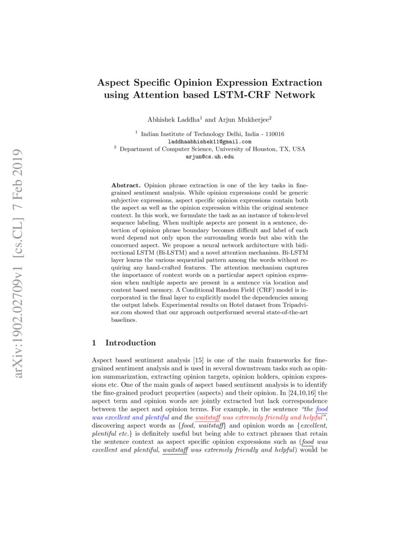 Aspect Specific Opinion Expression Extraction using Attention based LSTM-CRF Network | DeepAI