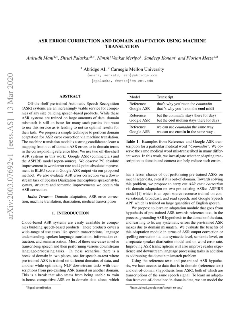 Asr Error Correction And Domain Adaptation Using Machine Translation Deepai