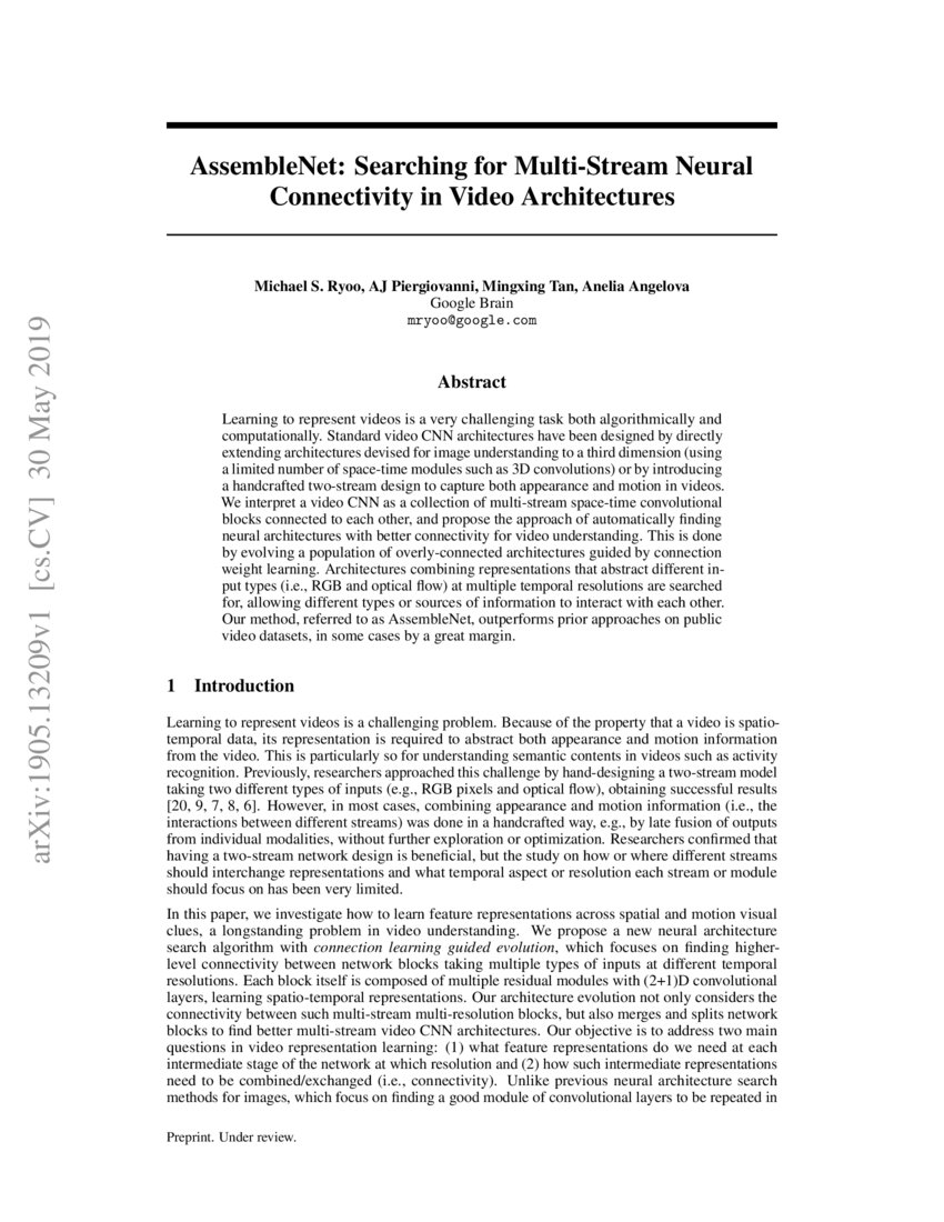 AssembleNet: Searching for Multi-Stream Neural Connectivity in Video Architectures | DeepAI