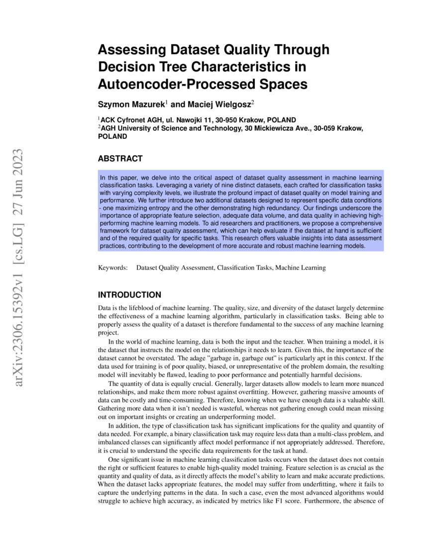 Assessing Dataset Quality Through Decision Tree Characteristics In Autoencoder Processed Spaces 1425