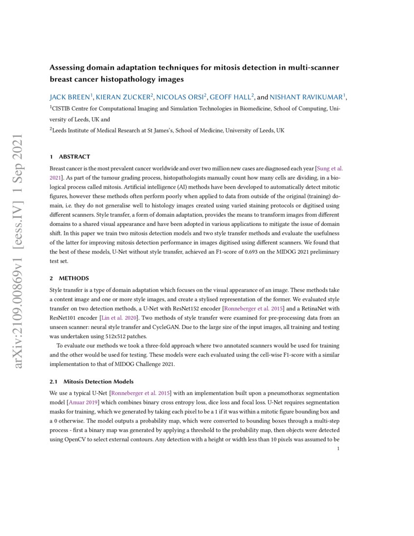 Assessing Domain Adaptation Techniques For Mitosis Detection In Multi Scanner Breast Cancer