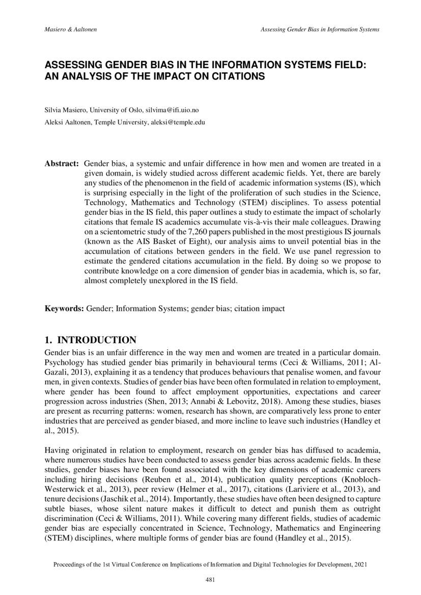 Assessing Gender Bias in the Information Systems Field: An Analysis of ...