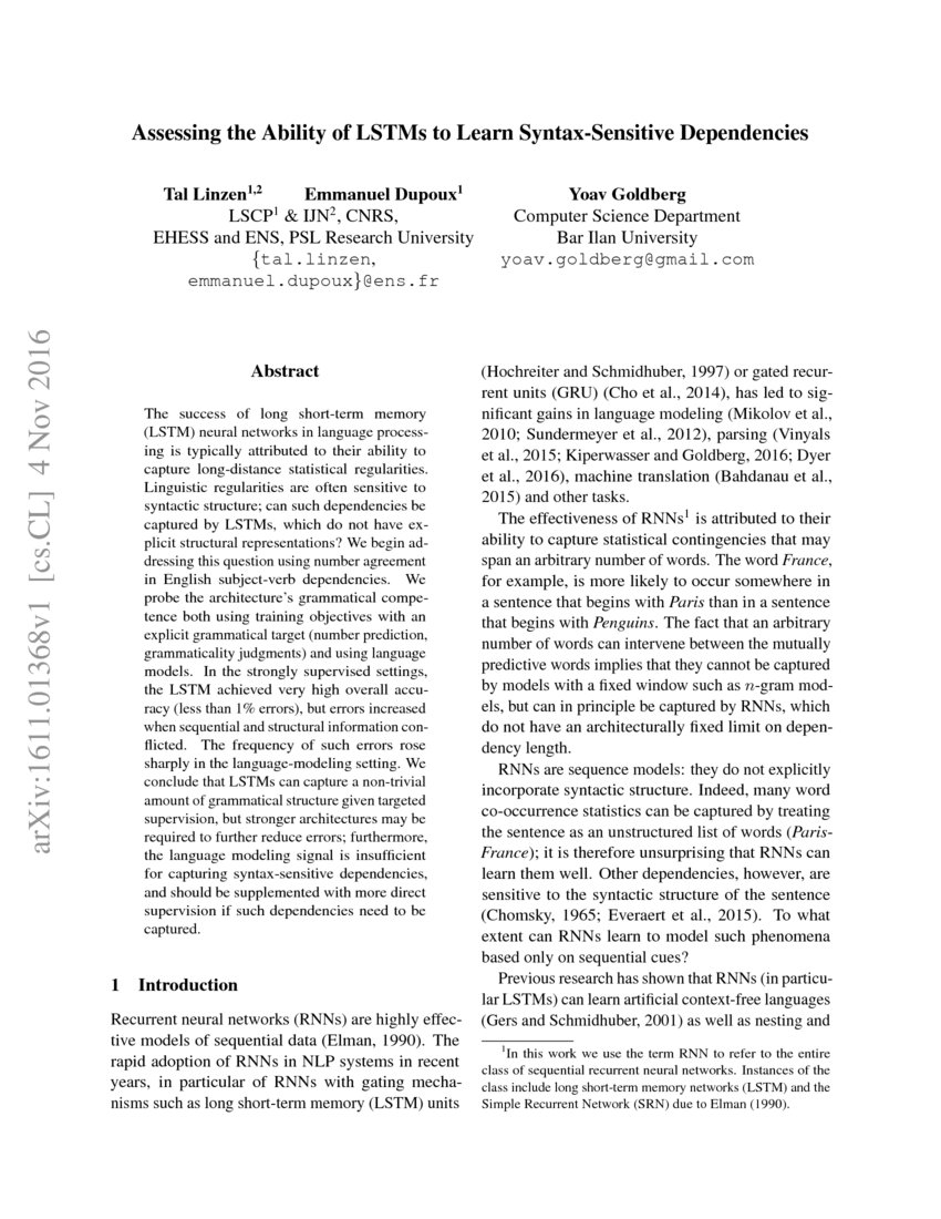 Assessing The Ability Of Lstms To Learn Syntax Sensitive Dependencies Deepai