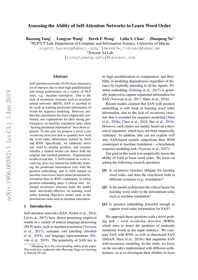 Assessing The Ability Of Self Attention Networks To Learn Word Order Deepai