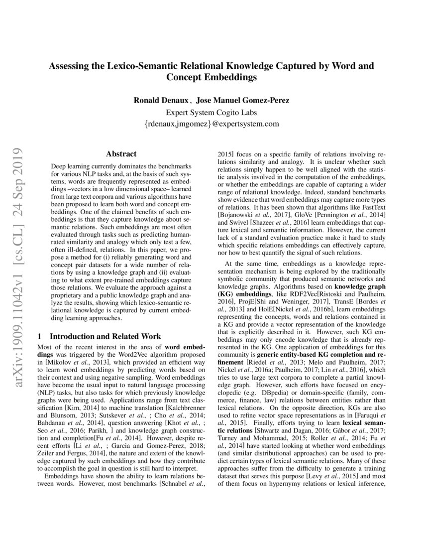 Assessing The Lexico Semantic Relational Knowledge Captured By Word And Concept Embeddings Deepai