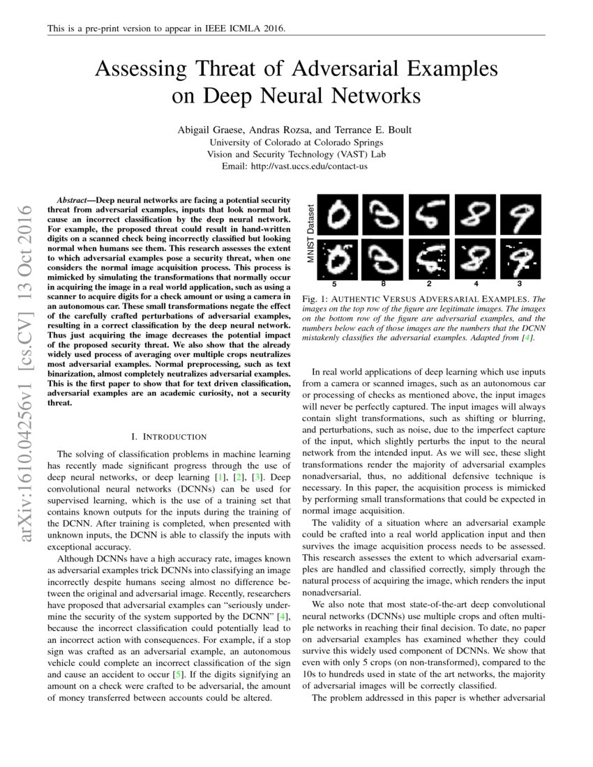 Assessing Threat of Adversarial Examples on Deep Neural Networks | DeepAI