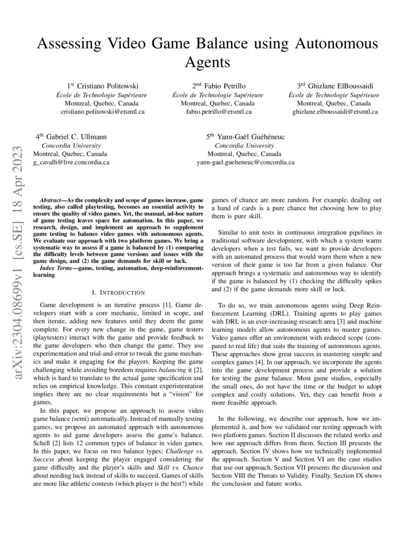 Assessing Video Game Balance using Autonomous Agents | DeepAI