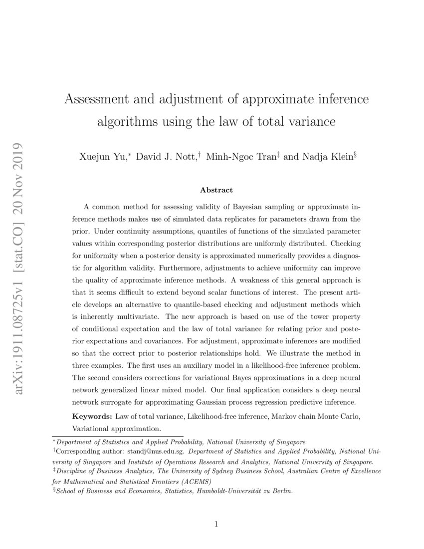 Assessment And Adjustment Of Approximate Inference Algorithms Using The Law Of Total Variance