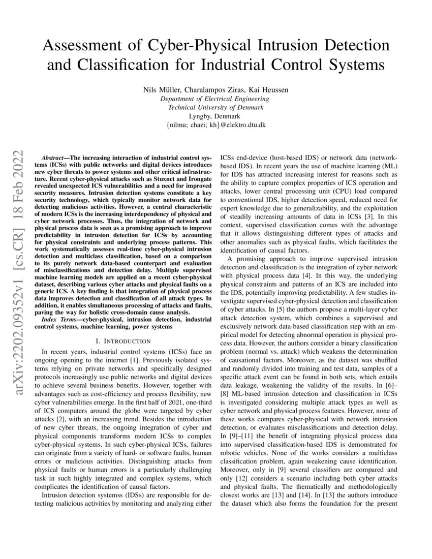 Assessment of Cyber-Physical Intrusion Detection and Classification for ...