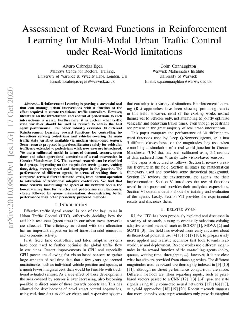 Assessment of Reward Functions in Reinforcement Learning for Multi-Modal Urban Traffic Control ...