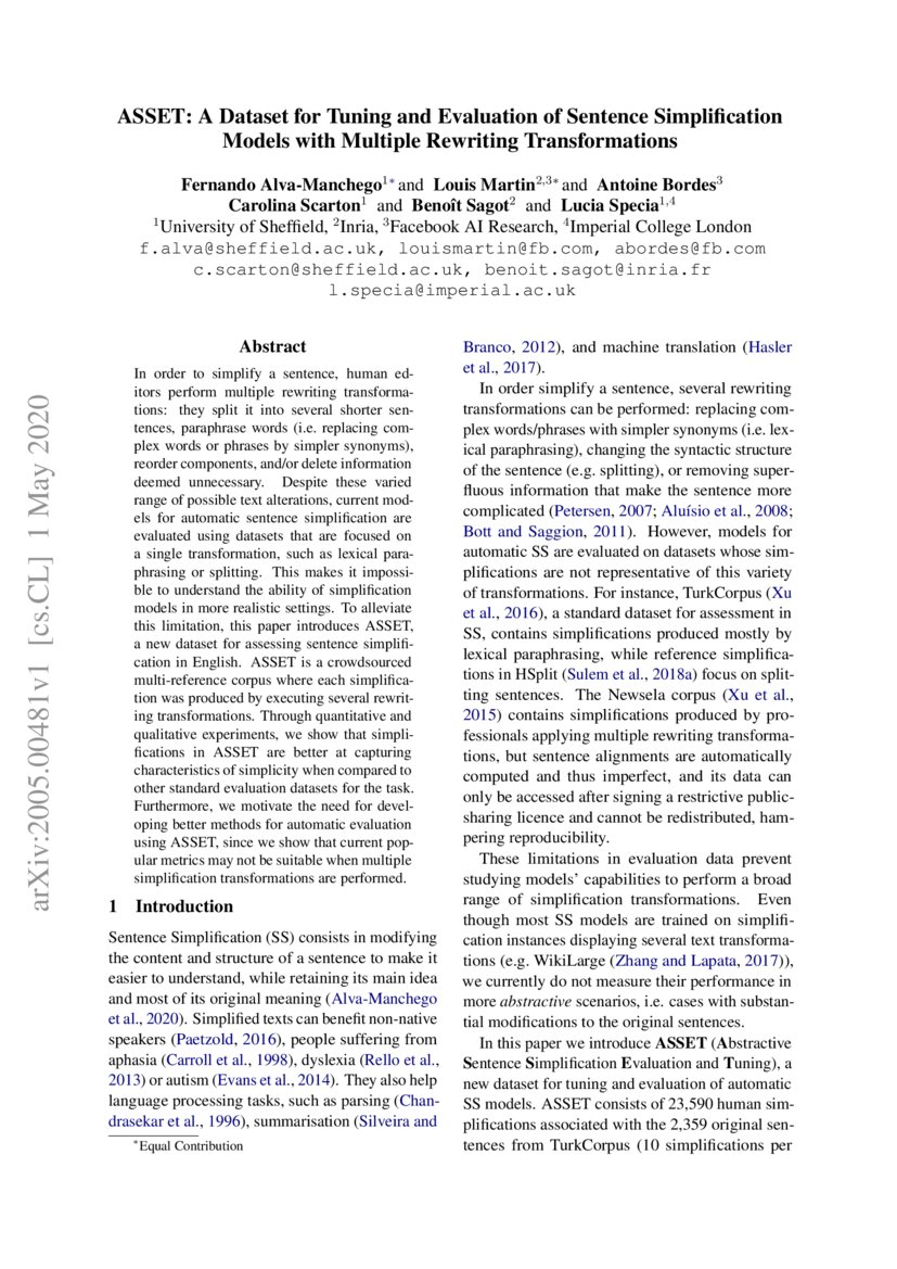 Asset A Dataset For Tuning And Evaluation Of Sentence Simplification Models With Multiple
